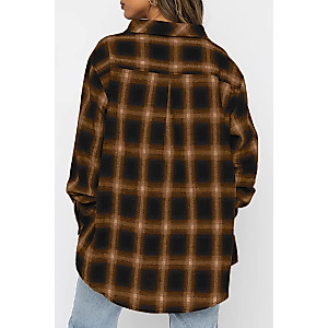 CHYRII Womens Button Down Flannel Shirts Long Sleeve Plaid Shacket Business Casual Tops Brown XL