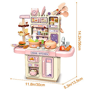 deAO Mini Kitchen Playset Toy,33 PCS Play Kitchen with Realistic Steam and Lights, Role Playing Game Pretend Food and Cooking Playset, Mini Kitchen Accessories Set for 3 4 Girls Boys