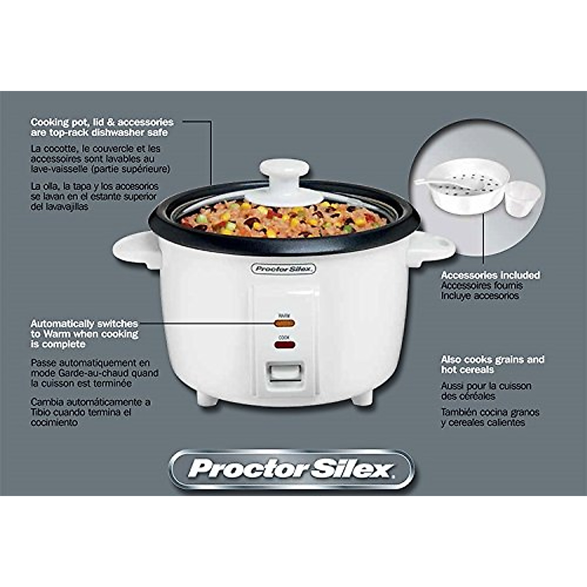 Proctor Silex Rice Cooker & Food Steamer, 8 Cups Cooked (4 Cups Uncooked), White (37534NR)