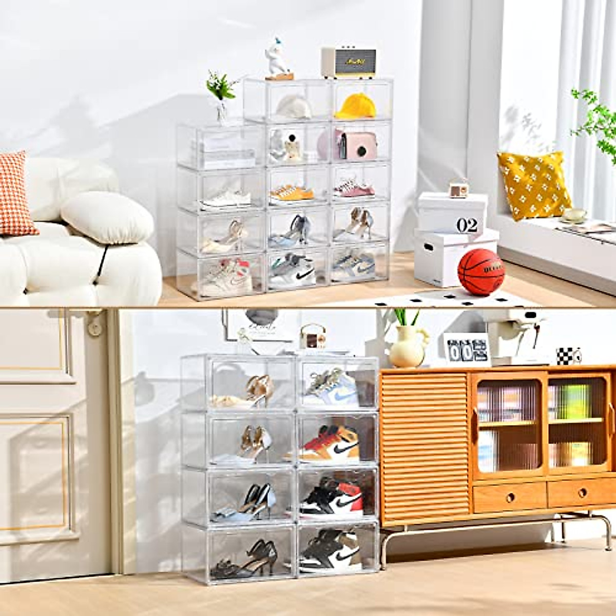 Clemate Acrylic Shoe Box,Set of 5,Extra Large Shoe Storage Boxes Clear Plastic Stackable,Shoe Containers with Clear door,Shoe Organizer For Sneaker Display,Easy Assembly,Fit for US Size 16(14.2"x 11"x 8.3")