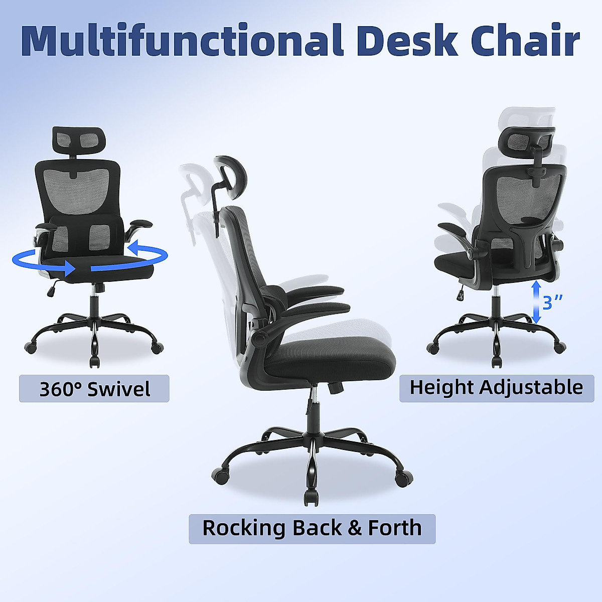 Westice Ergonomic Office Chair, Executive Mesh Office Chair with Flip up Arms & Adjustable Height, Comfortable High Back Swivel Computer Desk Chairs with Lumbar & Back Support, Black