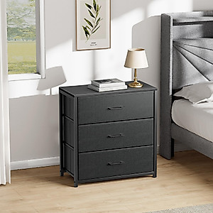 Memobarco Nightstand with 3 Drawers for Bedroom, Storage Dresser with Fabric Drawers and Metal Frame for Closet, Living Room, Bedside Table with Wood Top, Easy Pull Handle, Black