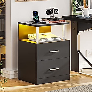 VIAGDO LED Nightstand with Charging Station and USB Ports, Black Night Stand with 2 Drawers, Modern End Side Tables with Open Storage, Bedside Tables for Bedroom, Office