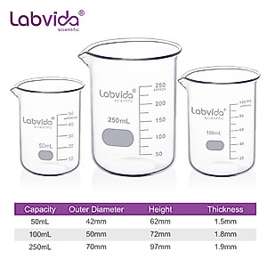 Labvida Upgrated 3 Size Low Form Beaker Set, 50ml 100ml 250ml, 3.3 Boro Glass Beakers with Printed Graduation, LVA017