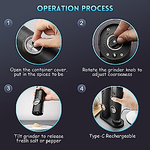 Rechargeable Electric Salt and Pepper Grinder Set, Adjustable Coarseness Automatic Salt or Pepper Mill Shakers, With Charging Base, USB Type-C Cable, LED Lights, One Hand Tact Switch Operation