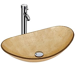 YOURLITE Bathroom Sink,Boat Shape Bathroom Glass Vessel Sink with Faucet and Pop-Up Drain Bowl Vessel Sinks for Bathrooms, Gold