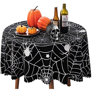 60 Inch Round Polyester Tablecloth, Halloween Black Spider Web Table Cloth, Spillproof Washable Polyester Table Cover - Perfect for Halloween Party Decorations