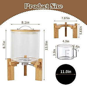 Rice Oatmeal Dispenser Storage Container - Flour and Cereal Glass Food Storge Container with Airtight Lid Wooden Stand & Measuring Cup for Kitchen Organization (5L)