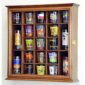 21 Shot Glass Shotglass Shooter Display Case Holder Cabinet Wall Rack 98% UV Lockable -Walnut
