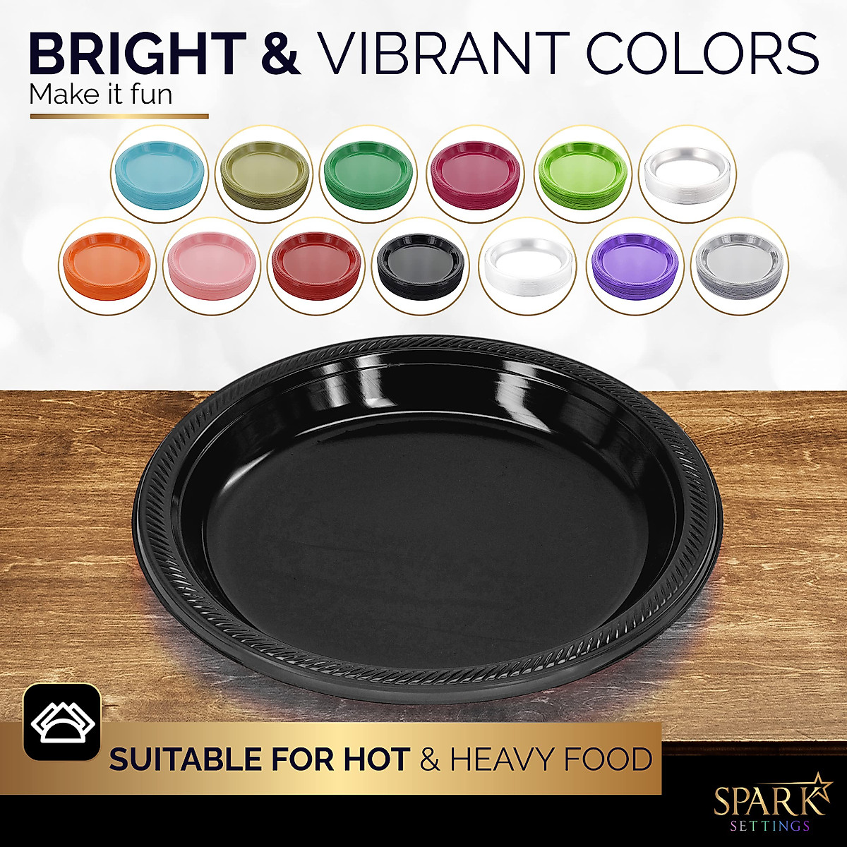 Amcrate Disposable Plastic Plates Black, 10.4 Inches Plastic Dinner Plates, Strong and Sturdy Disposable Plates for Party, Dinner, Holiday, Picnic, or Travel Party Plates, Pack of 50