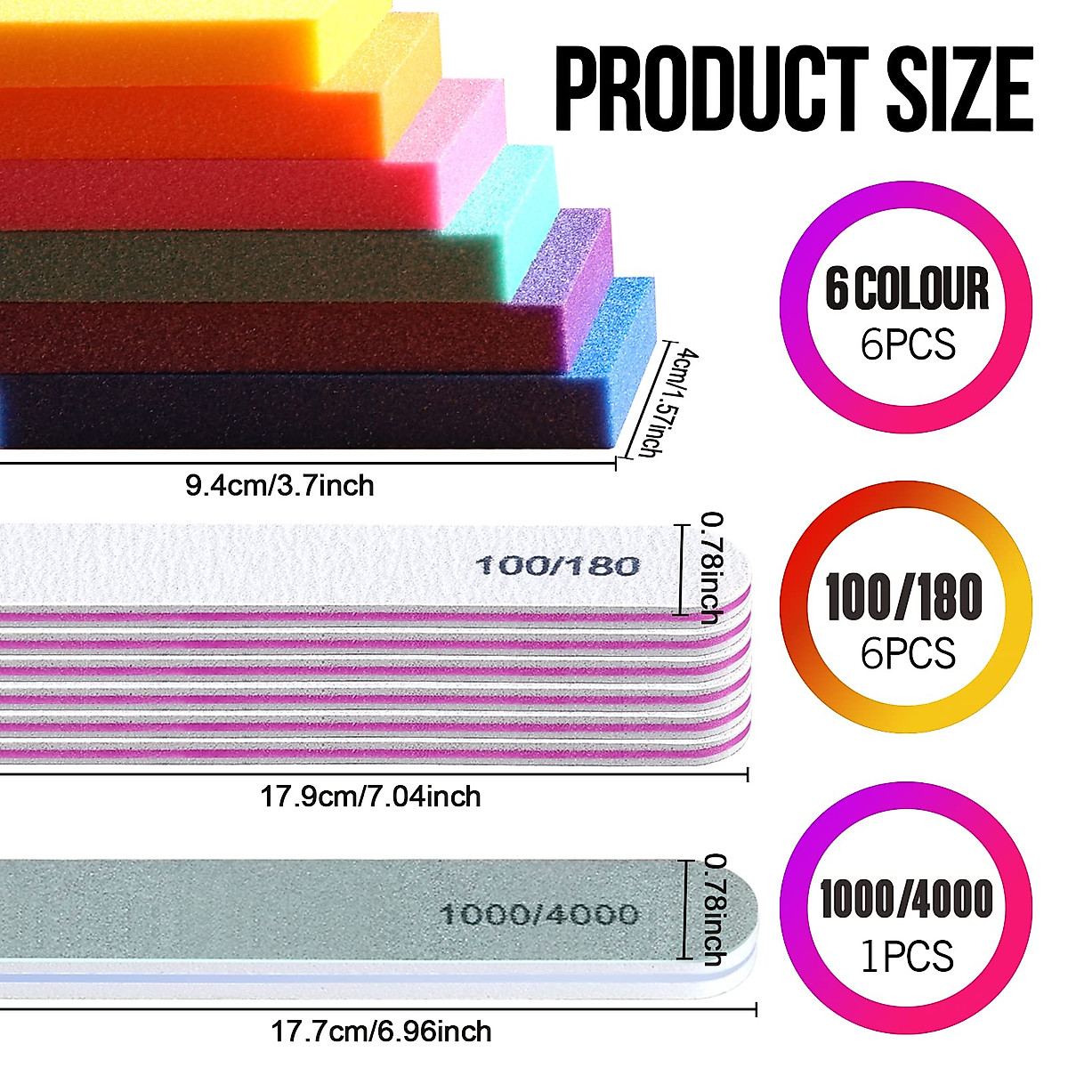FANDAMEI Nail Buffer File, Professional Nail Tools kit with 6PCS Rectangular Nail Buffer Block, 6PCS 100/180 Nail Files and 1PCS 1000/4000 Nail Buffer. Nail Buffer File Kit for Nail Care