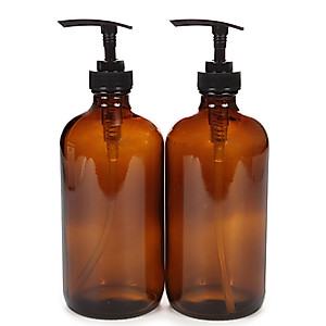 Vivaplex, 2, Large, 16 oz, Empty, Amber Glass Bottles with Black Lotion Pumps