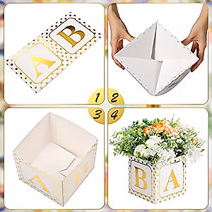 4 PCS Gold Flower Baby Shower Boxes Decor Table Floral Centerpieces Boxes for Gender Reveal Decoration Bronzing Flower Block Holder with Baby Letters Girls Boys Birthday Party Arrangement Favor