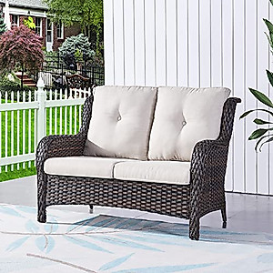 Rilyson Outdoor Loveseat Wicker Patio Sofa - 2-Seat Rattan Outdoor Couch Patio Furniture with Deep Seating and Cushions for Porch Deck Balcony(Brown/Beige)