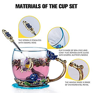 SHEEYEE Glass Coffee Mugs with Spoon, Enamel Butterfly Rose Flower Tea Cups with Decorative Handle Tea Sets for Women Gift 11 oz.(2 Sets)
