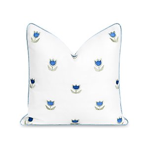 Hofdeco Premium Coastal Patio Indoor Outdoor Throw Pillow Cover Only, 20”x20” Water Repellent for Backyard, Couch, Baby Blue Green Embroidered Tulips Floral with Piping