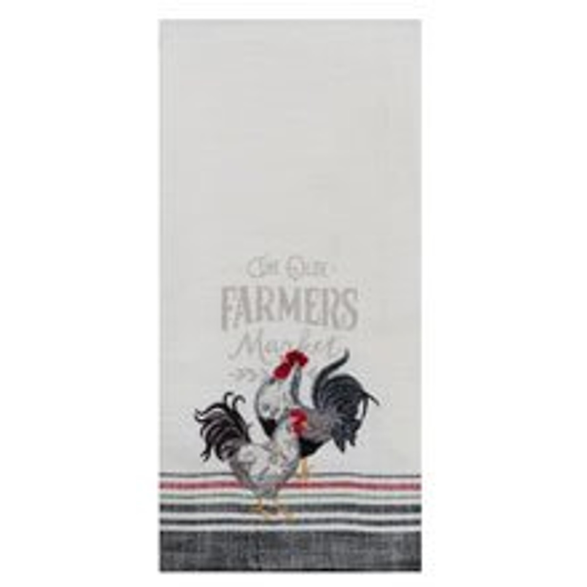 Farmers Market Kitchen Towel - Potholder Bundle, 2 Gray Striped Heavyweight Kitchen Towels with Embroidered Roosters and Matching Pocket PotHolder