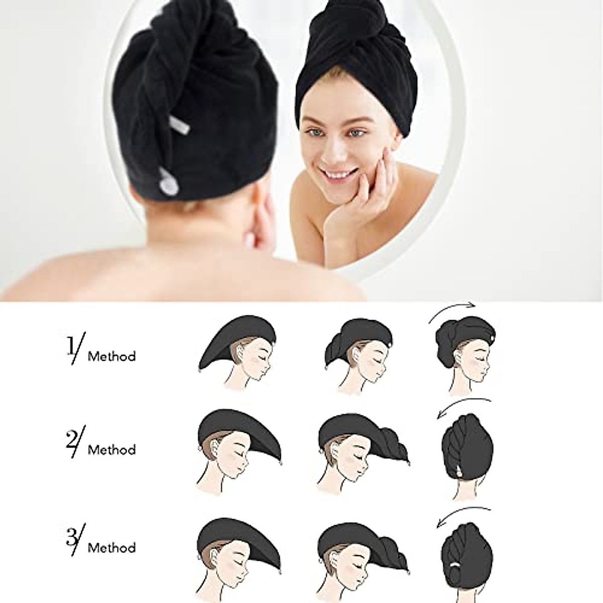 SINLAND Microfiber Hair Drying Cap Hair Towel Turban Twist for Long Hair Fast Drying Towels Head Turban Absorbent Soft Lightweight 3 Pack Black