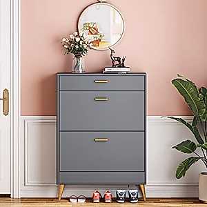 Tribesigns Shoe Cabinet, Modern Shoe Storage Cabinet with 2 Flip Doors and Drawer, Grey Narrow Shoe Organizer Rack for Entryway, Closet (Gray)