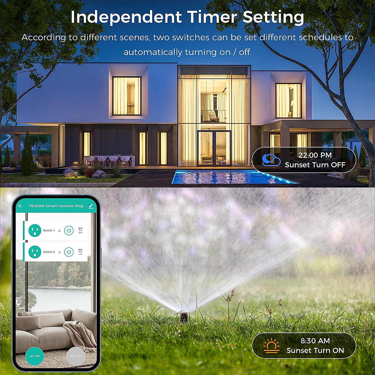 Outdoor Smart Plug, TESSAN WiFi Outlet Works with Alexa, Google Assistant, 2 Individual Socket Outside Power Strip Waterproof Timer Extension Cord with Switch for Lights and 2HP Pool Pump