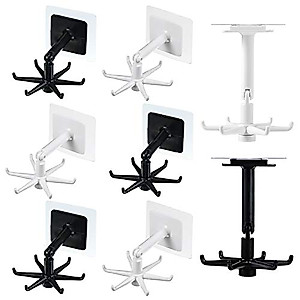 8 Pieces 360 Rotating Folding Hook Multipurpose Hanging Utensil Holder Hook 180 Degrees Vertical Flip Self Adhesive Hook Utensil Rack with 6 Hooks for Kitchen Bathroom Cabinet Towel, Black, White