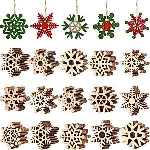 100 Pcs Christmas Unfinished Wooden Snowflake Ornaments Snowflake Hanging Cutouts Blank Wood Slices with Cord Craft Embellishments for Xmas Tree Decorations