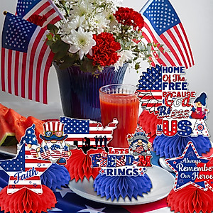 9Pcs Veteran Day Decorations Honeycomb Centerpieces, 3D Double Side God Bless USA Table Decorations, Blue Red Home of the Free Centerpieces for Tables, Memorial Day Decorations for Office Decor