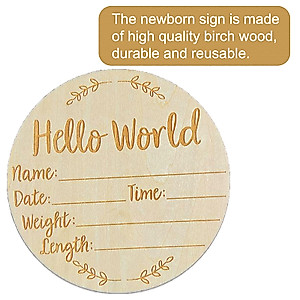 joaoxoko Hello Horld Newborn Sign，5.9 Inch Round Wooden Baby Announcement Sign for Newborn Boys and Girls，Welcome Baby Sign for Hospital Photo Prop Gift (Leaf)