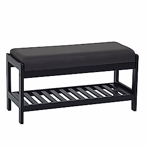 STRUGGLE Shoe Bench for Entryway, Solid Wood Shoe Rack with Cushion Padded Seat, Storage Shoe Shelf Holds up to 300lbs for Indoor, Entrance, Hallway, Bedroom, Living Room, Black