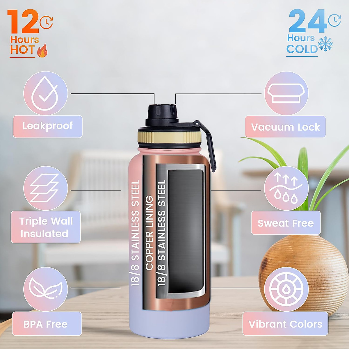 Lexlion Tea Infuser Bottle - Fruit Infuser Water Bottle 32 Oz, Triple Walled Insulated Stainless Steel Bottle, Thermal Leaf Infuser, Silicone Sleeve, 3 Lids Leakproof, Metal Mug Gallon