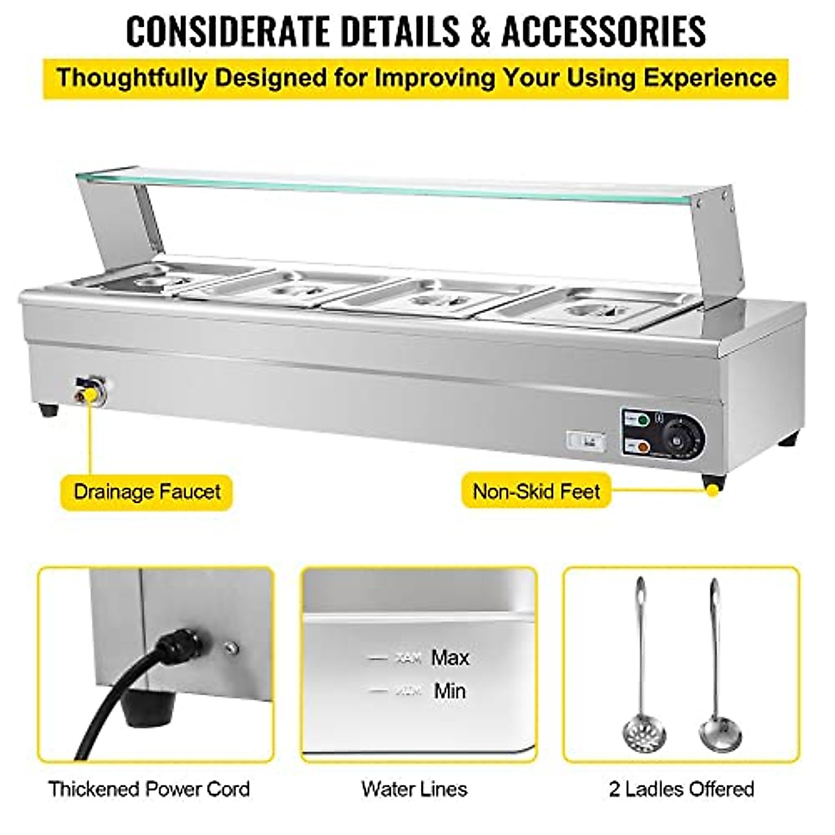 Commercial Food Warmer Bain Marie, 44 Qt Electric Countertop Buffet Warmer with Tempered Glass Shield and Lids, 4 x 1/2 Pans Stainless Steel Steam Table, 1500W