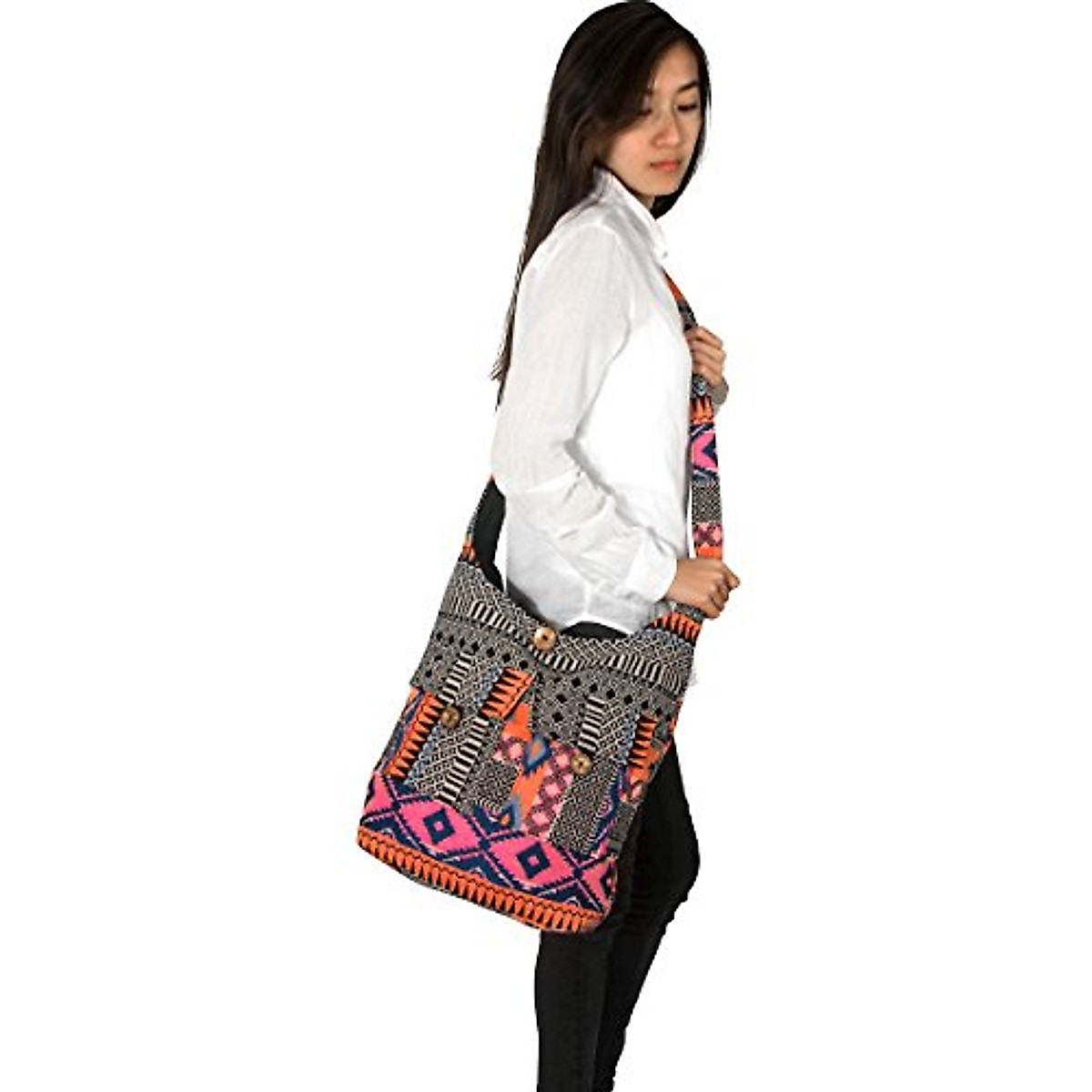 Tribe Azure Fair Trade Crossbody Handwoven Thick Cotton Shoulder Bag Shopping Market Purse Pink Casual Boho Roomy Spacious