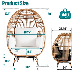 OTSUN Outdoor Egg Chair, PE Wicker Chair with 4 Thicken Cushions, Oversized Indoor Chairs with Durable Steel Frame Perfect for Balcony, Backyard, Bedroom, Patio Chairs 440 lbs Capacity-White