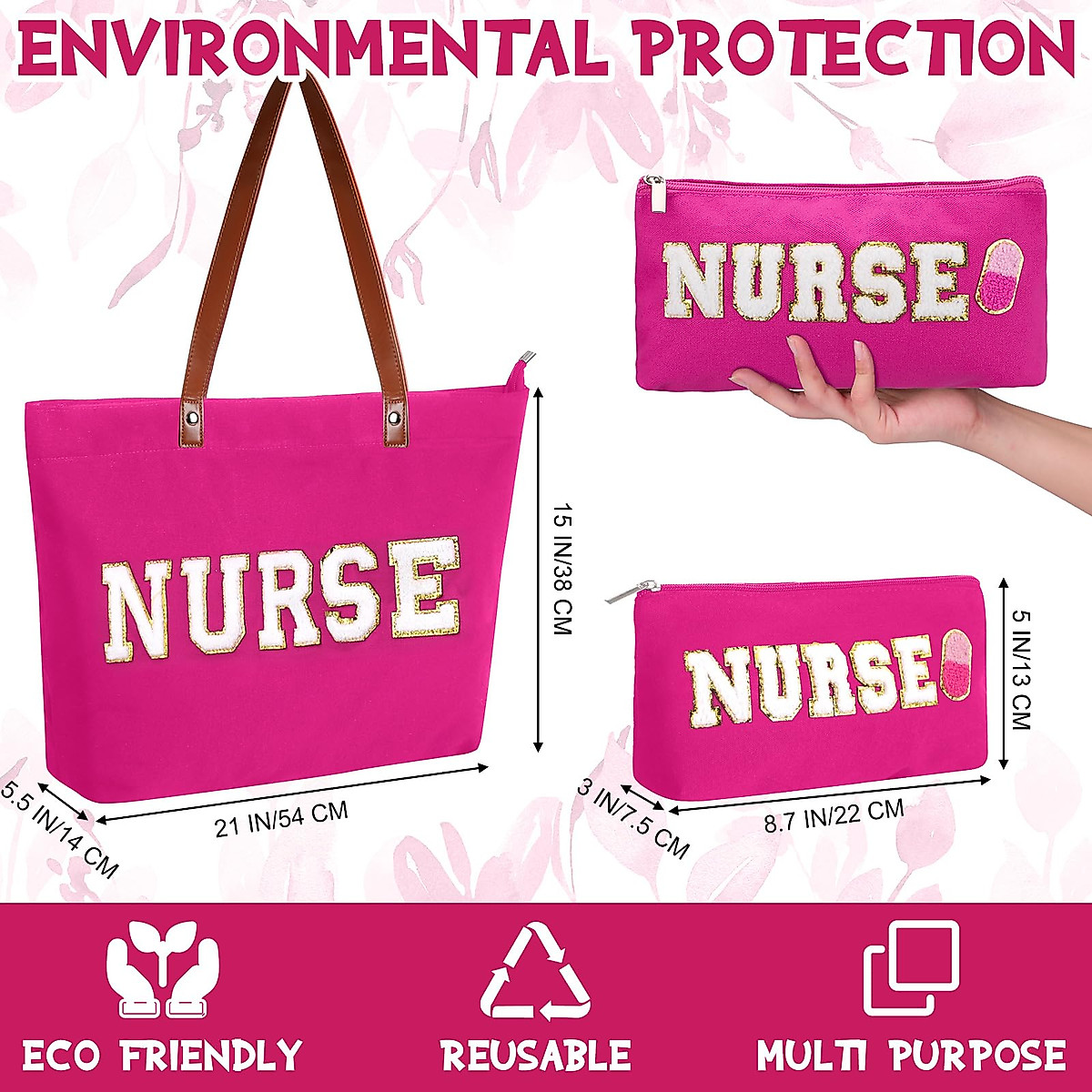 Locmeo 2 Pcs Tote Bag Gift for Teacher Nurse Dance Preppy Makeup Bag Cosmetic Women Chenille Letter School party(Nurse)