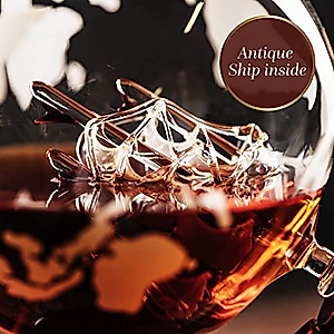 Kemstood Whiskey Decanter Set - Etched World Globe Whiskey Decanter Sets for Men with 2 Glasses in Gift Box - Whiskey Gifts for Men - Home Bar Accessories for Alcohol Drinks- Fathers Day