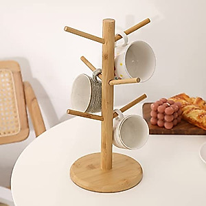 olelo Bamboo Mug Holder Stand,Countertop Coffee Mug Tree with 6 Hooks,Mug Rack & Tea Cup Organizer (Round)