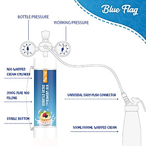 Blue Flag 2000G N2O Whipped Cream Cylinder Charger High Capacity Pure N2O Nitrous Tank Compatible with Cream Whippers