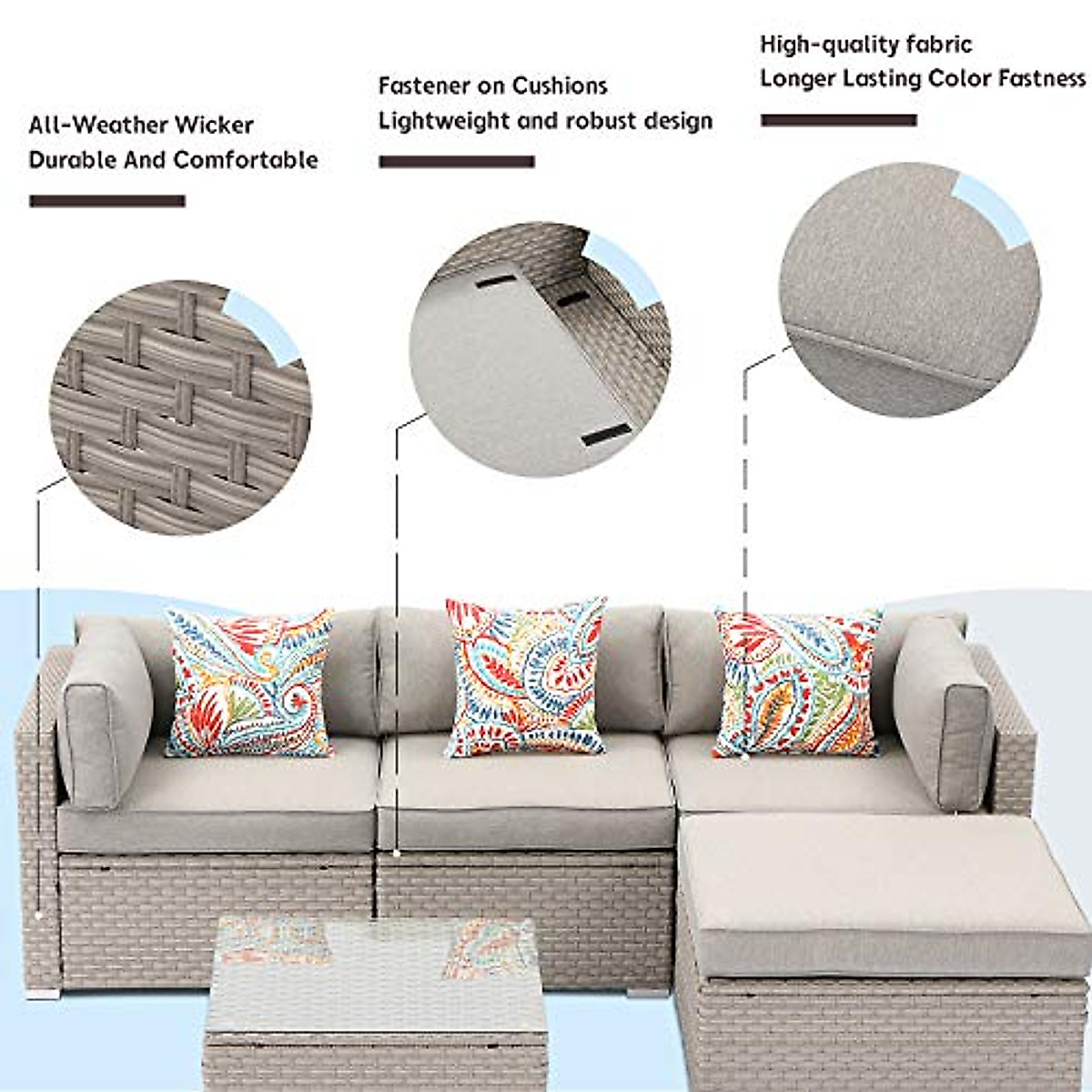 SUNBURY 5-Pieces Outdoor Furniture Set, All-Weather Wicker Patio Conversation Sets Sectional Sofa w 3 Pillows, Cushions, Coffee Table, Ottoman, Patio Furniture Set for Backyard Garden Pool (Grey)
