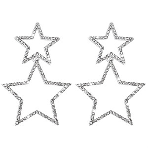 Rhinestone Big Star Dangle Earrings for Women Girls Hypoallergenic Crystal Long Tassel Stars Charms Drop Dangling Stud Fashion Lightweight Festival Christmas Birthday Ornament Jewelry Dainty Gifts for Friends Fans (Silver)