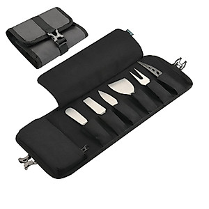 Beautyflier Cheese Knives Roll Bag, Mini Cheese Knife Set Roll Case - 6 Knife Slots and a Zipper Pocket, Canvas Chef Knife Roll Bag for Travel Party and Holiday Cheese Serving, Gray (Bag Only)