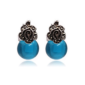 GEM-Inside 12mm Blue Crystal Earrings Round Ball Gemstone Beads Cute Tibetan Silver Marcasite Leverback Jewelry Accessory for Woman