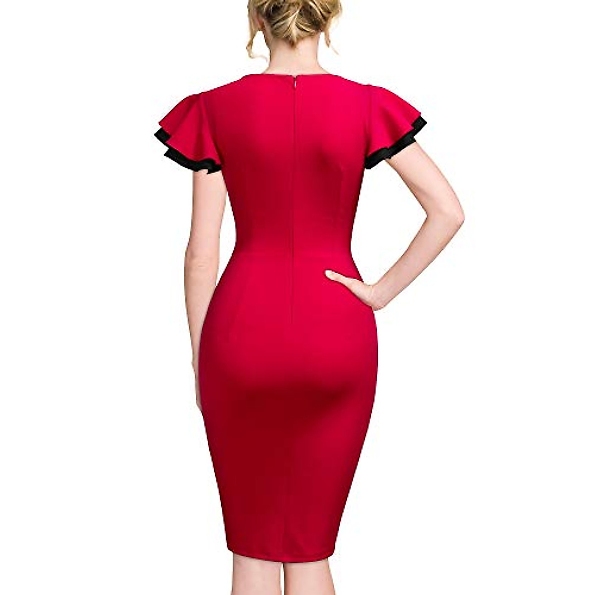 Miusol Women's Navy Style Deep-V Neck Vintage Evening Pencil Dress(X-Large,Red)