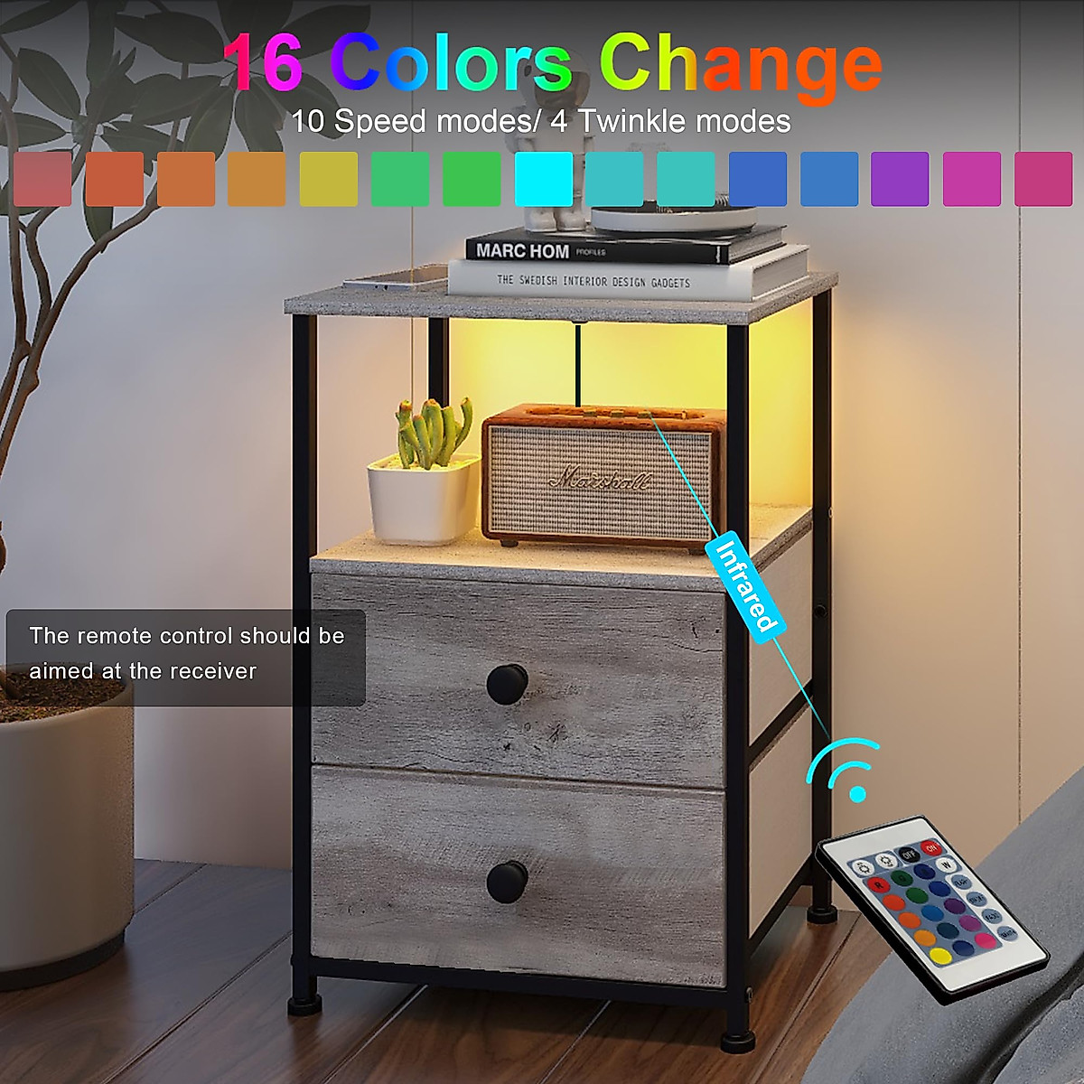 Tohomeor Nightstand with Charging Station USB Outlet and LED Light End Table Dresser with 2 Fabric Drawers Open Storage Shelf for Bedroom Living Room Sofa Beside (2, Greige)