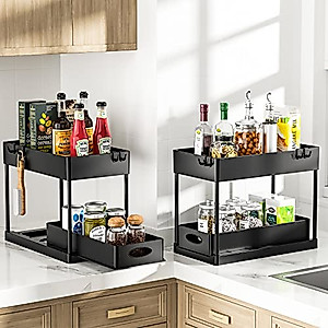 PUILUO 2 Set Under Sink Cabinet Organizer, 2 Tier Storage Under Cabinet Bathroom Under Sink Organizers and Storage Black Under Sink Storage for Bathroom Kitchen