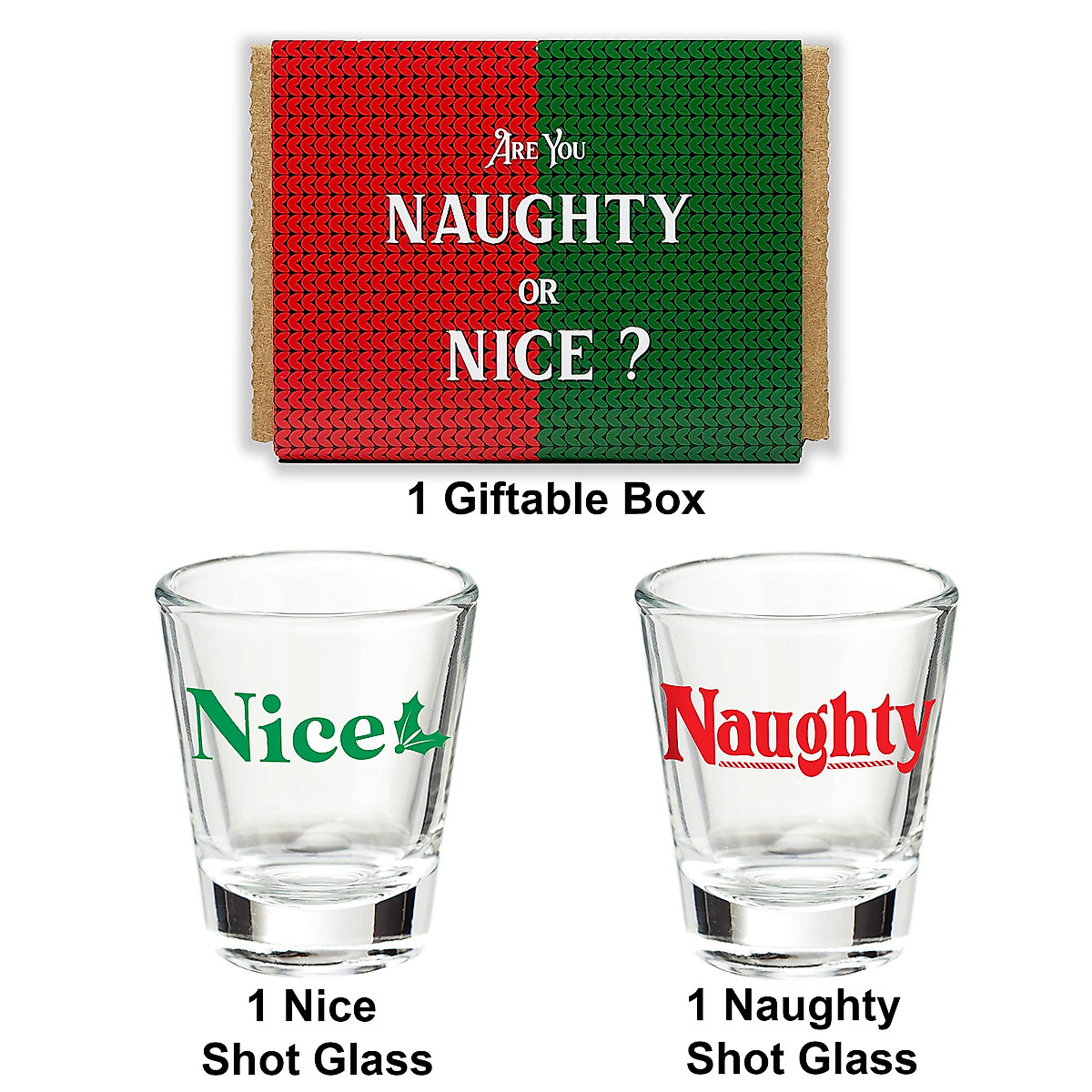 2 Shot Glasses - Christmas Naughty & Nice Novelty Glass Set - 1.5 oz Green Red Fun Gift Wrapped Boxed - Unique Fun Funny Gag Present For Him Her - Liquor Drinking Game