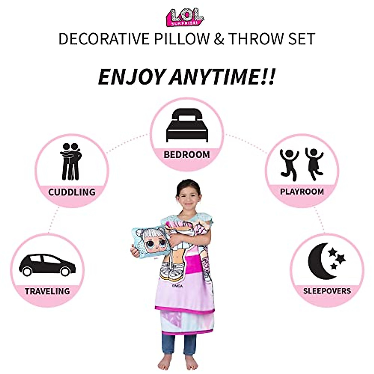 Franco Kids Bedding Super Soft Plush Decorative Pillow and Throw Set, 40 in x 50 in, LOL Surprise