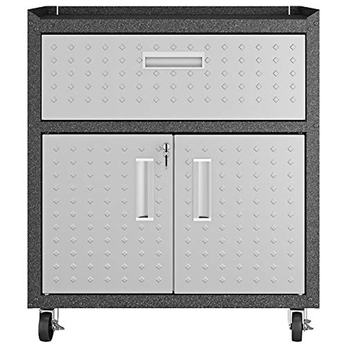Pemberly Row Space Saving Metal 3 Piece Garage Storage Set with Two Mobile Cabinets with Drawer and 72" W Worktable