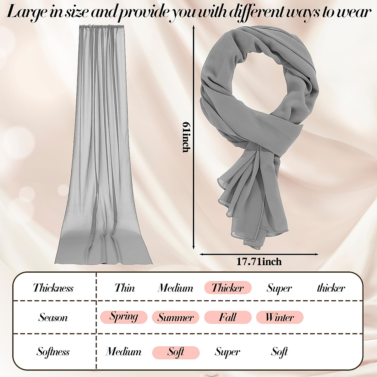 Newcotte 4 Pcs Soft Chiffon Scarves Shawl Solid Color Long Scarf Chiffon Hijab for Women Hair Head Wraps for Evening Dresses, 70 x 28 Inches (Bright Color)