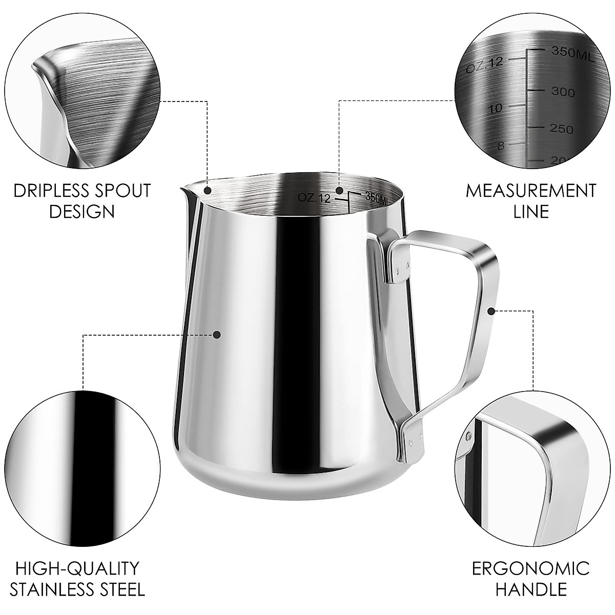 Milk Frothing Pitcher, Espresso Steaming Pitcher 12oz, Espresso Machine Accessories, Stainless Steel Milk Coffee Cappuccino Barista Steam Pitchers Milk Jug Cup with Spoons