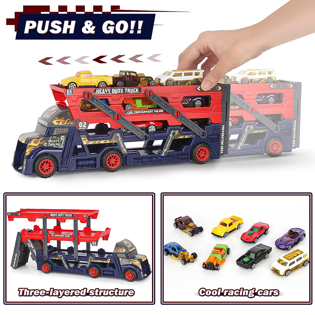 Aoskie Transport Car Carrier Truck Toy for Boys and Girls, Hauler Launch Vehicles Play Set with Mini Cars and Road Signs